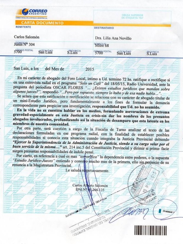 Carlos Salomón le envió una carta documento a Lilia Novillo – El Puntano