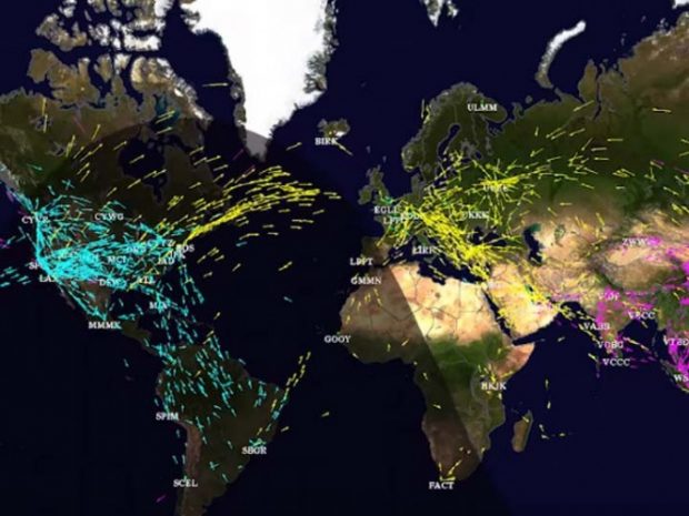 Impactante: todo el tráfico aéreo mundial, visualizado durante 24 horas ...
